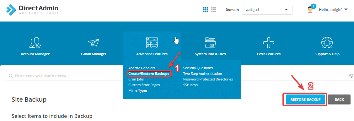 How to backup and restore data on DirectAdmin - AZDIGI Blog