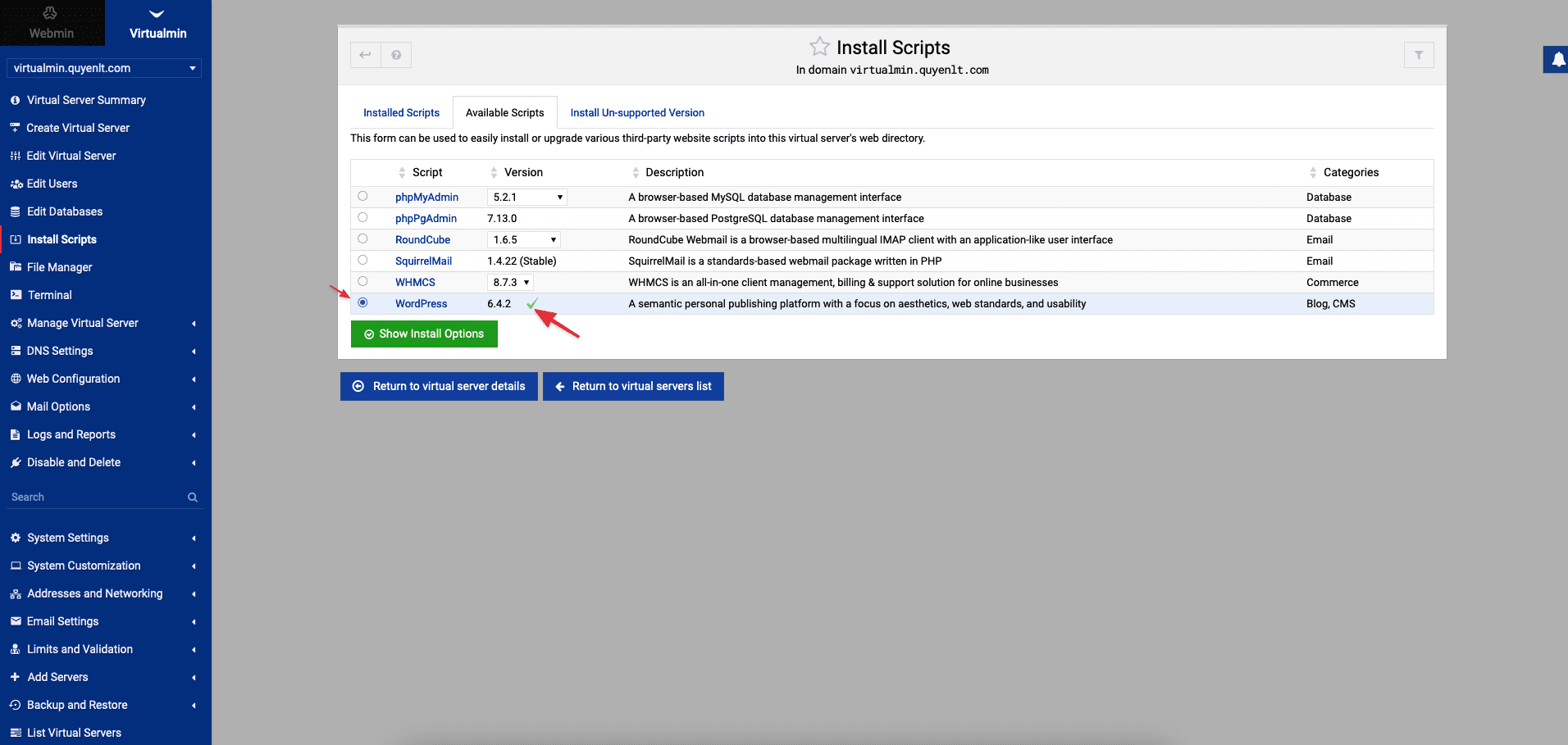 Cài WordPress tự động với Install Scripts trên Virtualmin - AZDIGI Blog